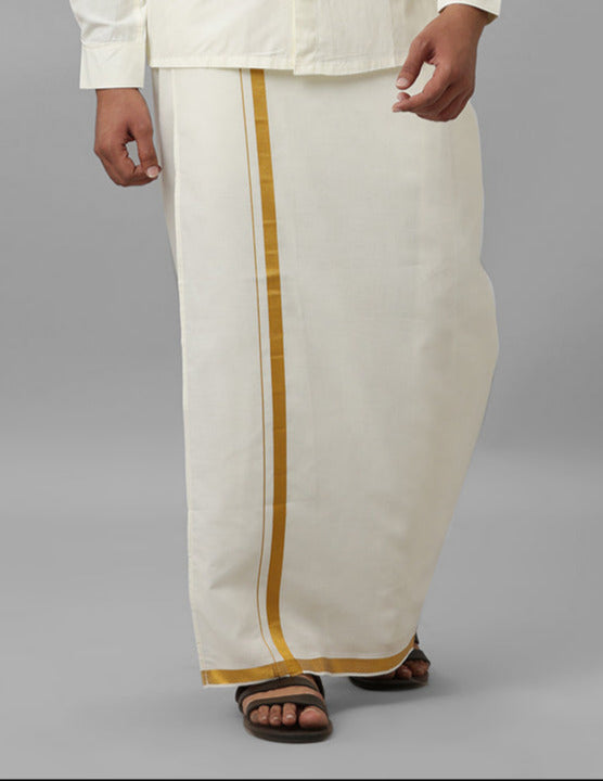 Men Cotton Blend Single Layer Cream Dhoti with 1/2" Gold Jari Border G ...