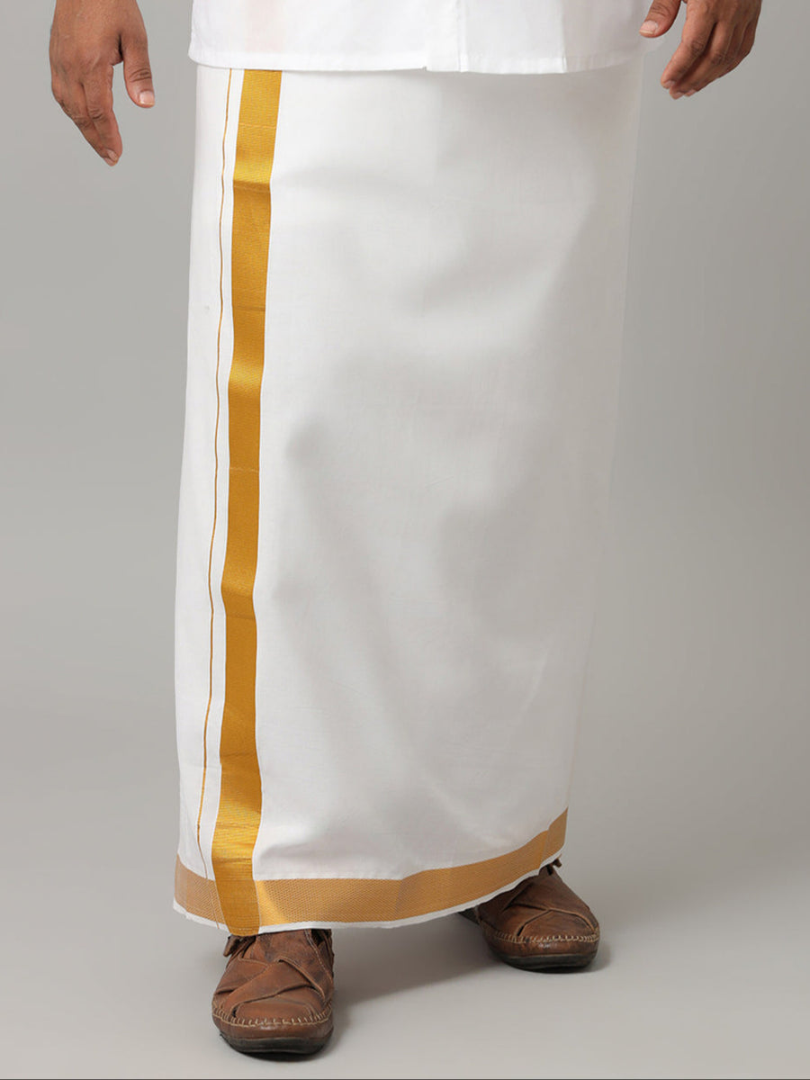 Men 100%Cotton Single Layer White Dhoti with 1 1/2" Gold Jari Border B ...
