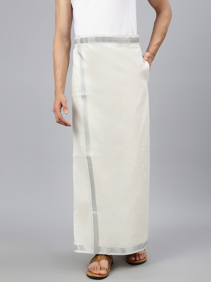 Men Tissue Readymade Single Layer Silver Dhoti with Jari Border – Viveagham