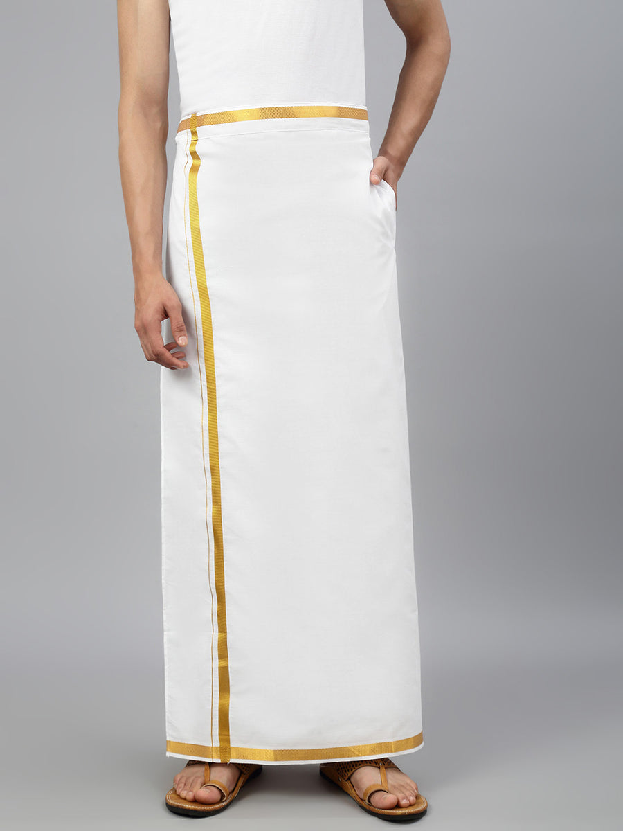 Men Readymade Single Layer White Dhoti with Gold Jari Border – Viveagham