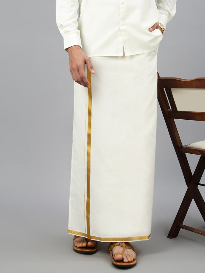 Men Readymade Single Layer Cream Dhoti with Gold Jari Border – Viveagham